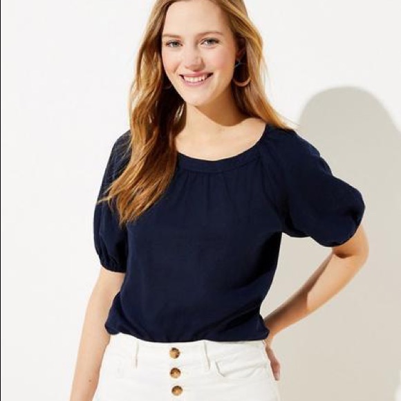LOFT | Tops | Loft Linen Blend Navy Puff Sleeve Top | Poshmark